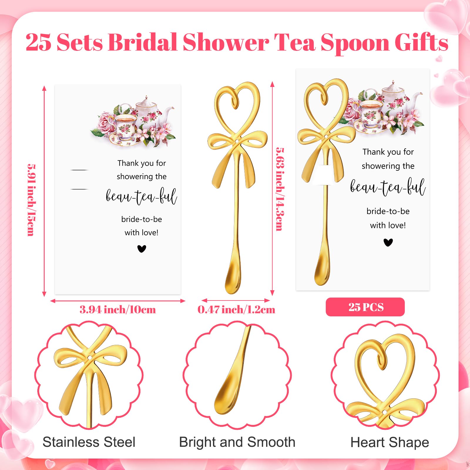 Skybooly 25 Sets Bridal Shower Tea Party Favors for Guests Mini Coffee Spoons Small Tea Spoons Heart Spoon Love Spoon with Bow with Thank You Cards Wedding Souvenirs Tea Party Supplies