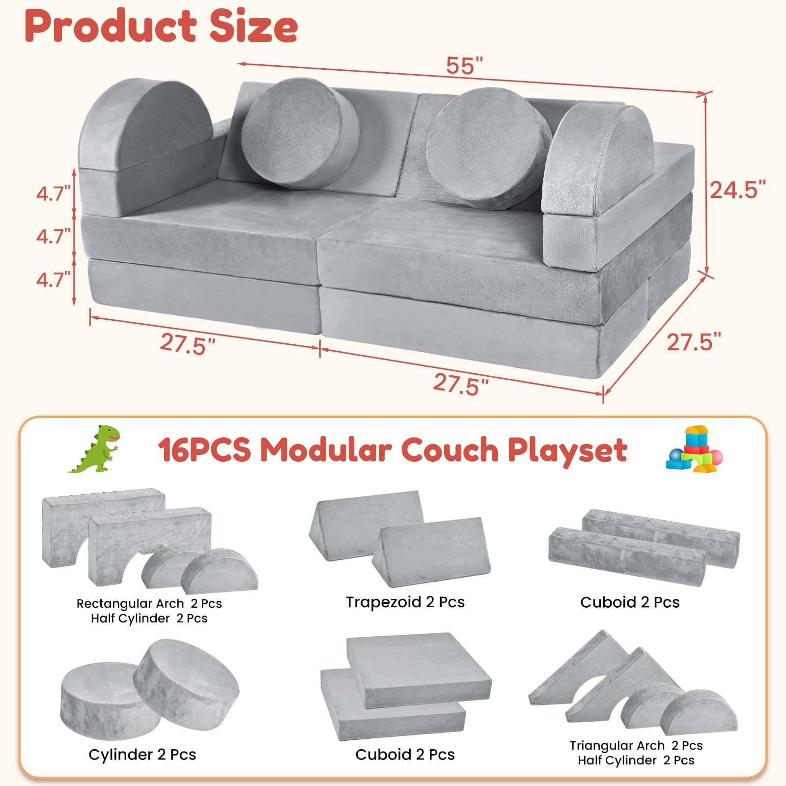 Kids Couch Sofa, 2024 Newest 16 PCS Modular Kids Play Couch 500+DIY Creative Toddler Couch, Freely Removable Baby Couch for Toddler Couch for Playroom Classroom Kids Room