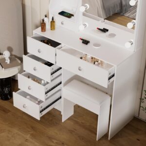 White Vanity with Mirror and Lights, Makeup Vanity Table with Charging Station, 31.5" W Vanity Desk for Bedroom, 3 Modes Brightness Adjustable, 5 Drawers Dressing Table Set