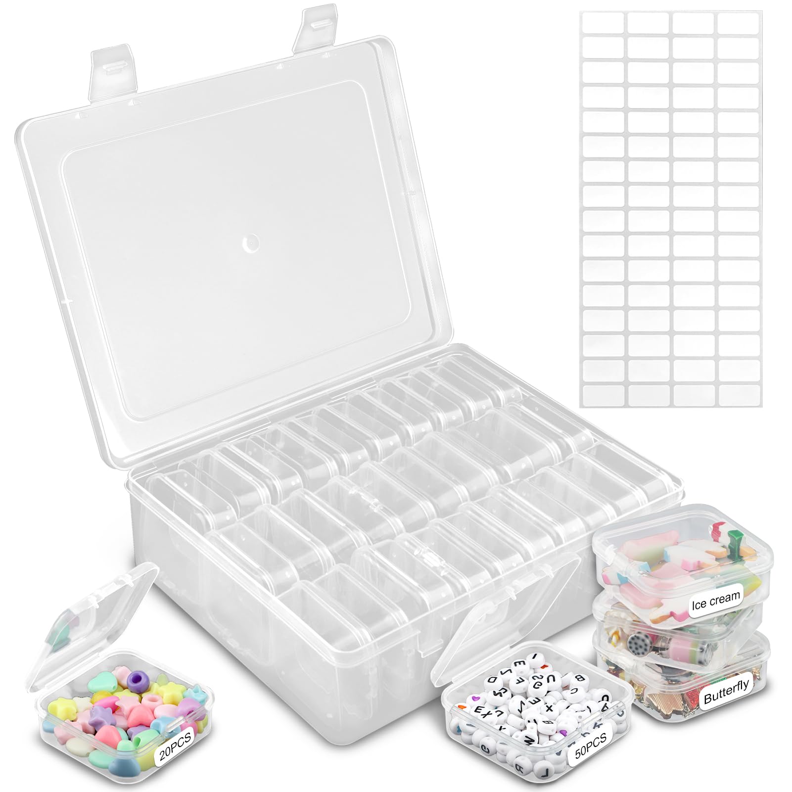 30 Grids Bead Organizer Box Bead Storage Clear Plastic Organizer Box with 1 Sheet Label Containers Storage Organizer for Beading Jewelry Making Diamond Arts Screws (White)