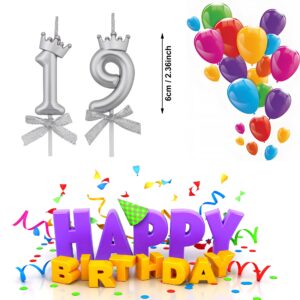 VSHILI 19 Birthday Candles, 19th Cake Candles, Silver Happy Birthday Number 19 Candles Cake Topper Decorations for Party Men Women