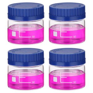 patikil 4 pack reagent media storage bottles, 150ml borosilicate glass wide mouth graduated round bottles with gl32 blue screw cap for lab water reagent liquids, clear