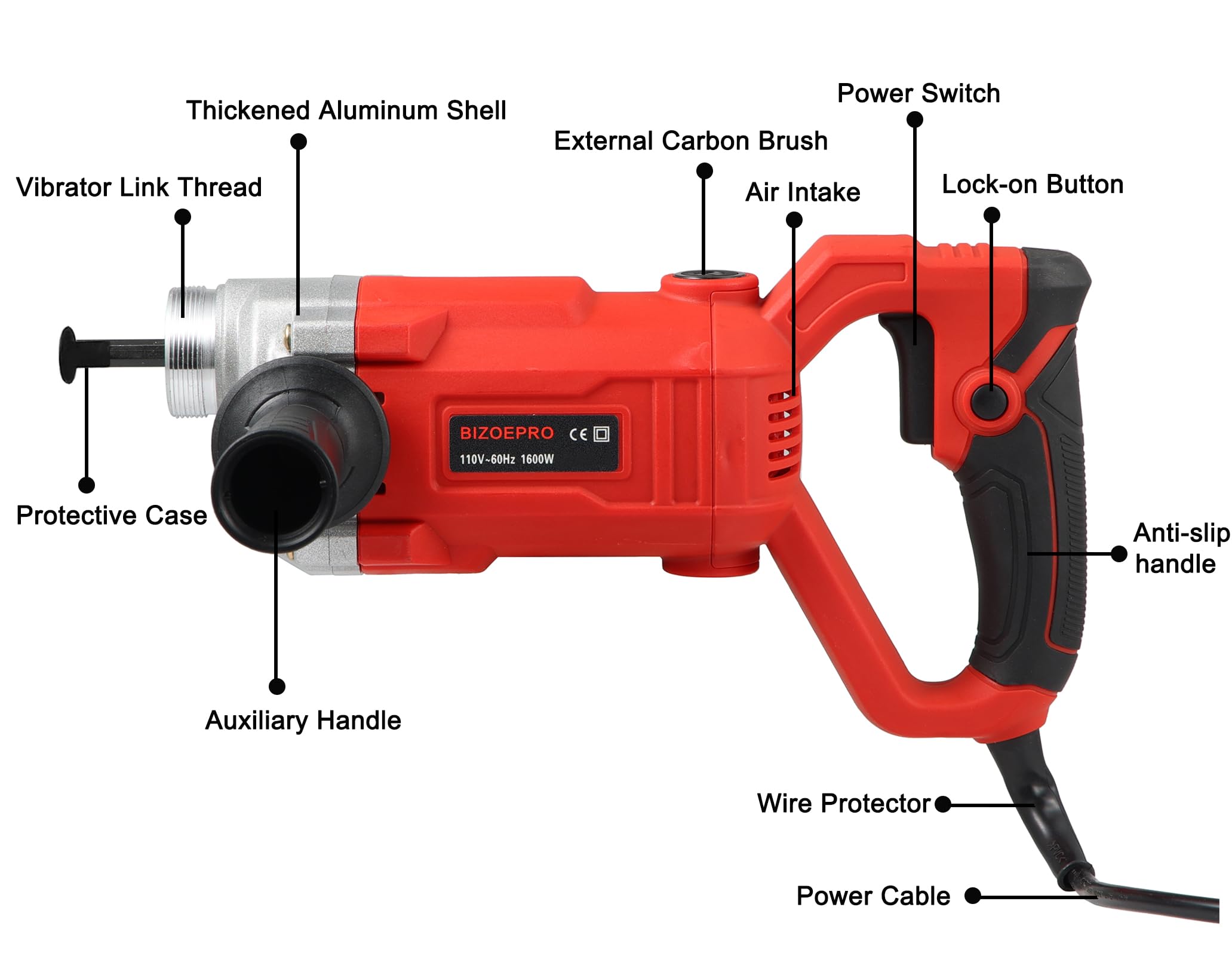 Bizoepro HandHeld Concrete Vibrating Tool, 1600W Electric Concrete Vibrator 6.6ft Shaft Rod 2HP Portable Pencil Cement Remove Air Bubble and Mix Concrete