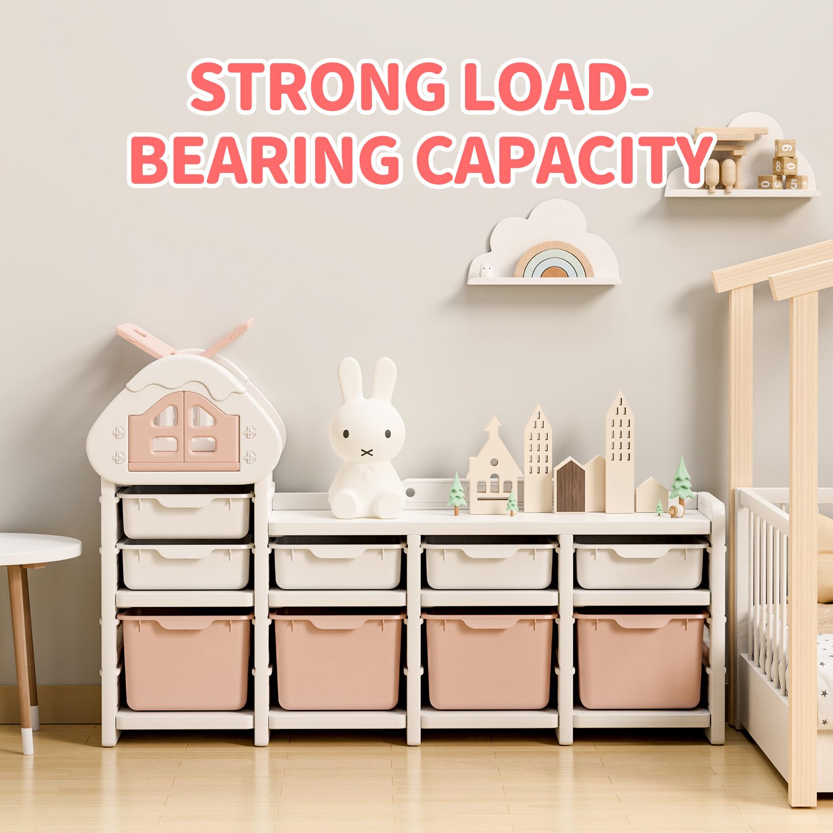 UNICOO Kids Cream House Storage Organizer with 3-Tier Shelves, Storage Rack & Bins for Nursery, Playroom, Study Room (Cream & Pink)