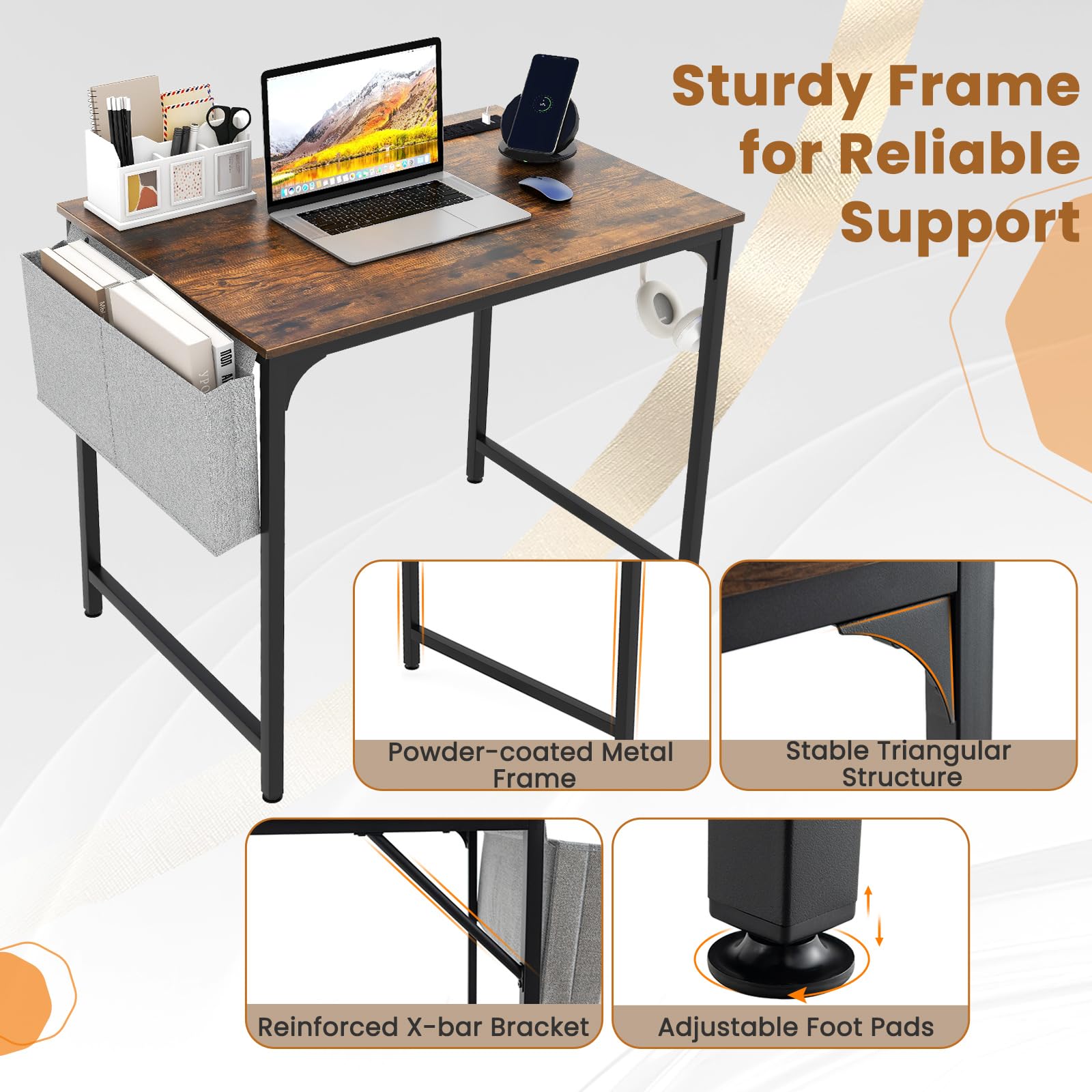 Giantex 32 Inch Computer Desk with Charging Station, Home Office Writing Desk with Storage Bag & Headphone Hook, Compact Gaming Table PC Workstation, Modern Simple Laptop Desk for Bedroom, Study