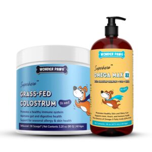 grass-fed colostrum powder plus omega max fish oil - for dog’s immune support, skin, allergies, joint care and overall health – colostrum 3.20 ounces - omega max 16 ounces