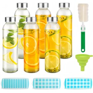 generic 6 pack glass juice bottles, 18 oz clear glass bottles with caps, bpa free & eco-friendly reusable refillable bottles for juicing,stainless steel lid,leak-proof, transparent