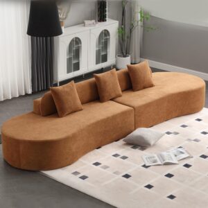 suheww 130.5” modern curved floor combination sofa, curved sectional sofa couch for living room, deep seat 4-seater oversized terrycloth fabric sofa with 3 pillows for apartment bedroom office(brown)