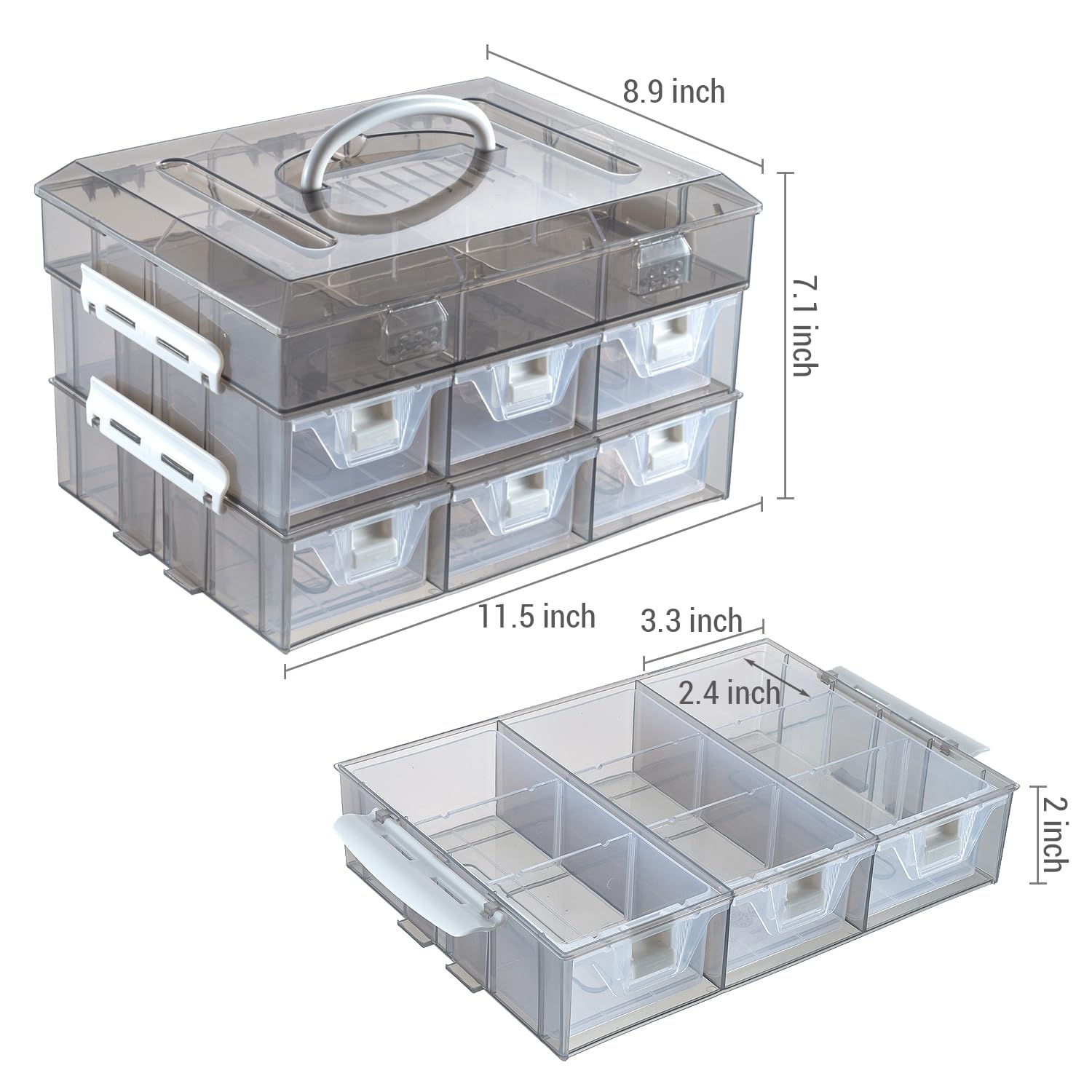 MyGift 11 Inch Smoke Gray Transparent Arts and Crafts Sewing Supplies Storage Organizer Case with White Accents, 24 Customizable Compartments, and 6 Drawers with Removable Dividers