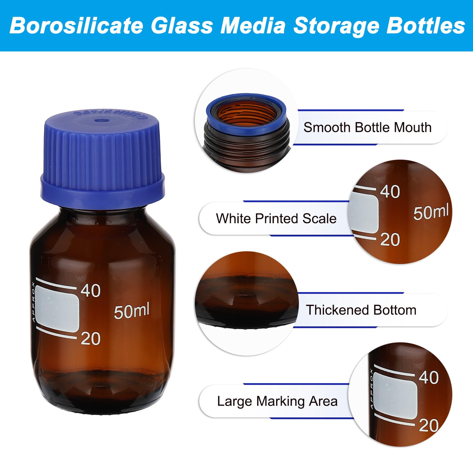 PATIKIL 3 Pack Reagent Media Storage Bottles, 50ml Borosilicate Glass Graduated Round Bottles with GL32 Blue Screw Cap for Lab Water Reagent Liquids, Amber