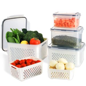 4 pcs large fruit storage containers for fridge with removable colanders, airtight food storage containers with lids, 4 in 1 produce containers keep food meat fresh longer (0.38l+0.8l+1.7l+3.15l)