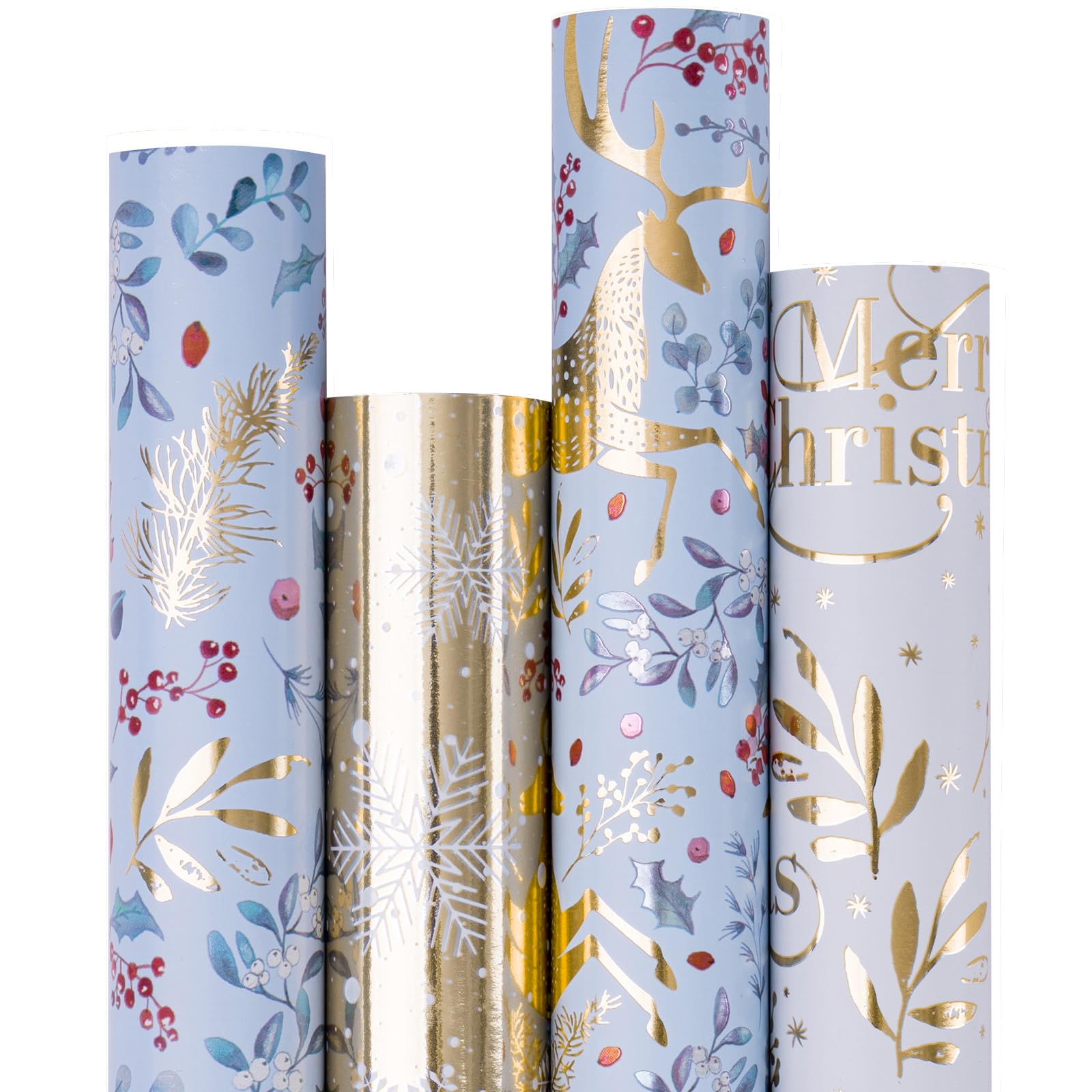 RUSPEPA Christmas Wrapping Paper - Reindeer, Snowflake, Flower and Text Design with Metallic Foil Shine - 4 Rolls - 30 Inches x 10 Feet Per Roll