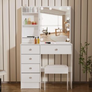 white vanity with mirror and lights, makeup vanity table with charging station, 31.5" w vanity desk for bedroom, 3 modes brightness adjustable, 5 drawers dressing table set