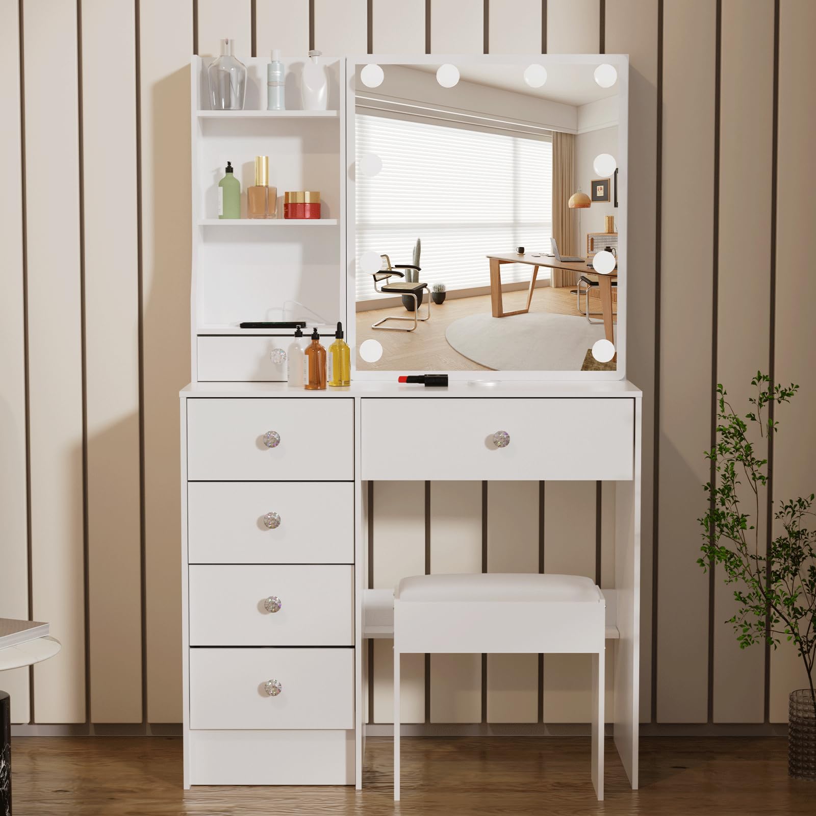 White Vanity with Mirror and Lights, Makeup Vanity Table with Charging Station, 31.5" W Vanity Desk for Bedroom, 3 Modes Brightness Adjustable, 5 Drawers Dressing Table Set