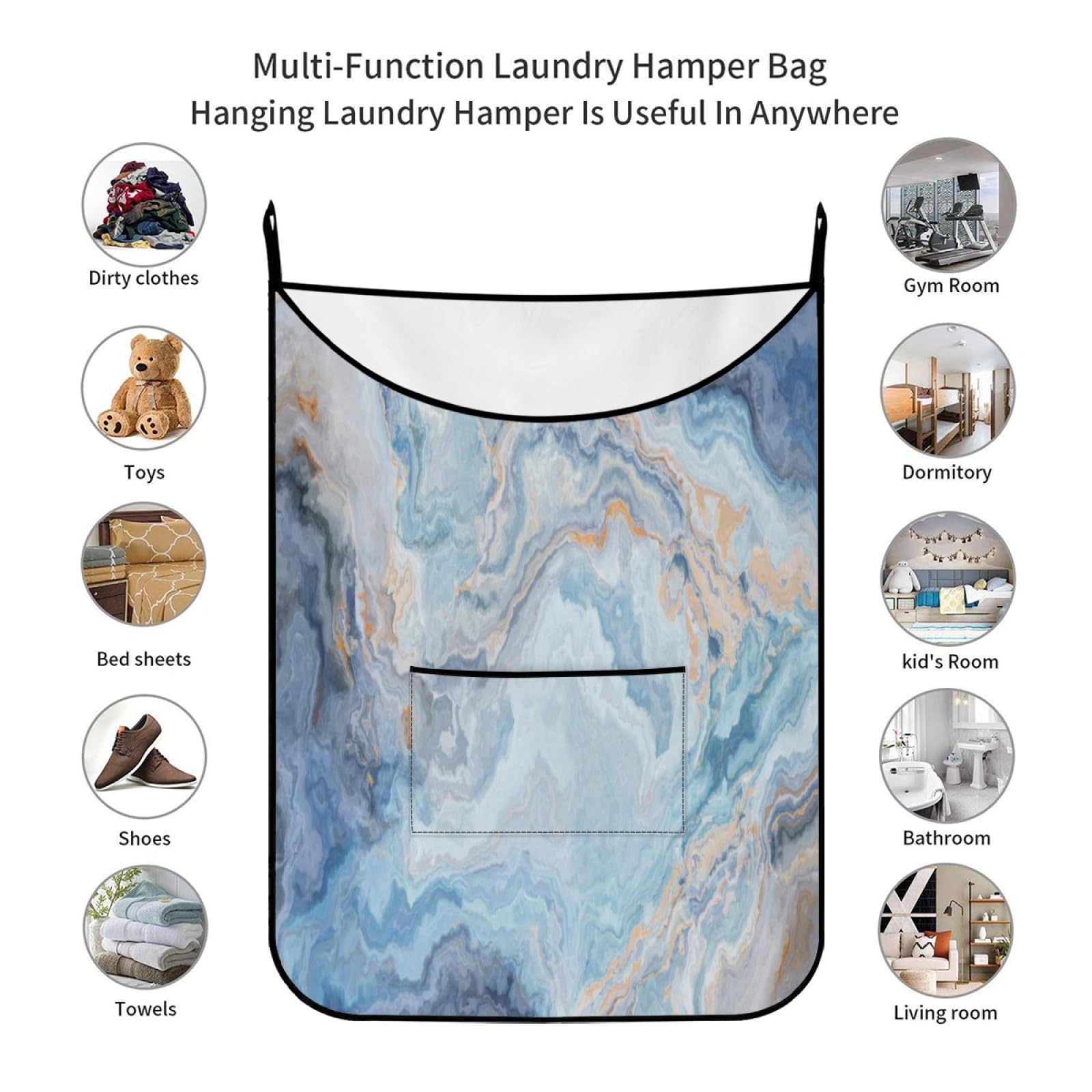 Hanging Laundry Bag Blue Marble with Over Door Hooks Durable Space Saving Laundry Bag Wide Open Top