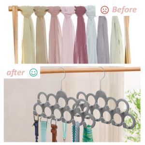 ManGotree Velvet Scarf Hanger, Scarf Organizer, Flocked Velvet Finish, Scarf Holder with 11 Loops and Hooks for Shawls, Scarves, Ties, Belts, or Other Accessories, 2 Pack (Grey)