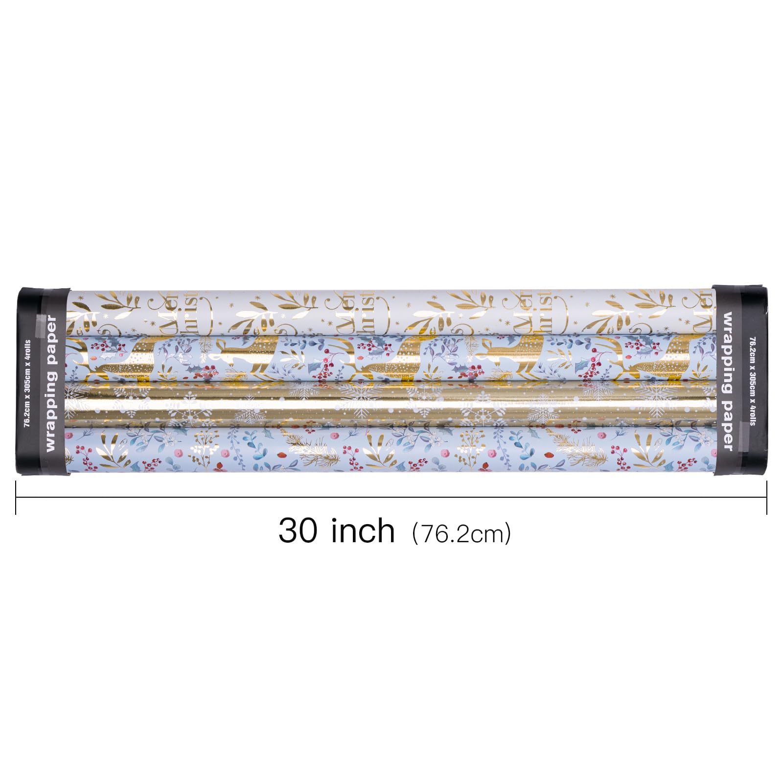 RUSPEPA Christmas Wrapping Paper - Reindeer, Snowflake, Flower and Text Design with Metallic Foil Shine - 4 Rolls - 30 Inches x 10 Feet Per Roll