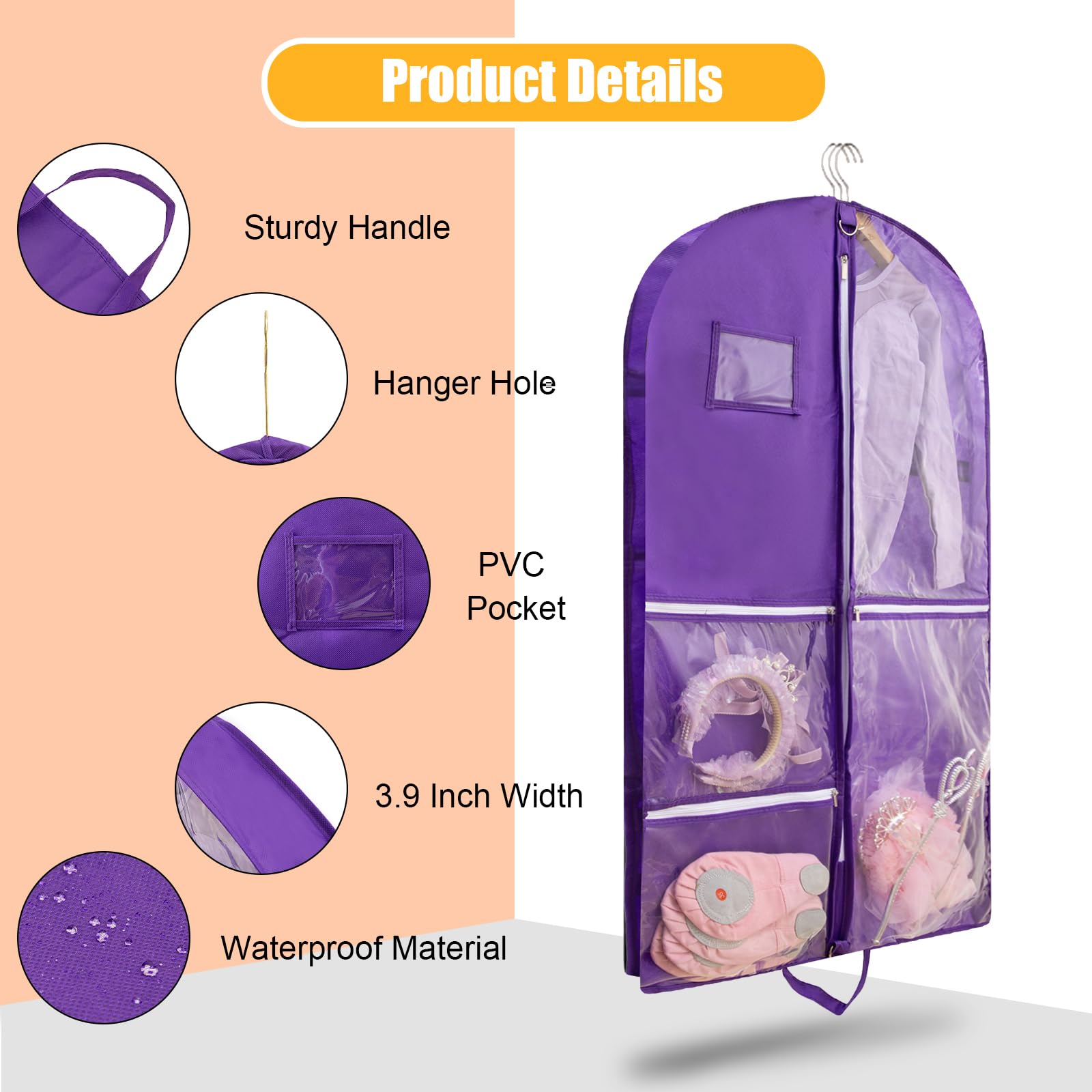 Dance Costume Bag, Garment Bags 40 Inch for Dance Competitions, Garment Bags for Travel, Portable Foldable Dust-Proof Storage Bags for Coats, 5 Clear Zipper Pockets,suitable to Gowns, Dresses(Purple)