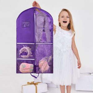 Dance Costume Bag, Garment Bags 40 Inch for Dance Competitions, Garment Bags for Travel, Portable Foldable Dust-Proof Storage Bags for Coats, 5 Clear Zipper Pockets,suitable to Gowns, Dresses(Purple)