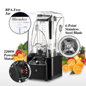 Commercial Blender for Smoothies 2200W With Soundproof Cover, 2200 ML, 15 Speeds, 6-leaves Stainless Steel Blade, Heavy Duty Blender for Restaurant, Smoothie, Puree, Ice Crush, Shakes