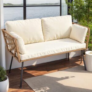 dwvo patio loveseat, all-weather wicker rattan patio sofa for balcony, backyard, pool, porch, deck, outdoor sectional furniture with cushions (beige)