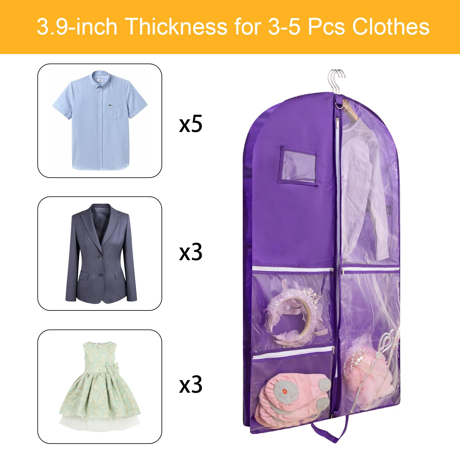 Dance Costume Bag, Garment Bags 40 Inch for Dance Competitions, Garment Bags for Travel, Portable Foldable Dust-Proof Storage Bags for Coats, 5 Clear Zipper Pockets,suitable to Gowns, Dresses(Purple)