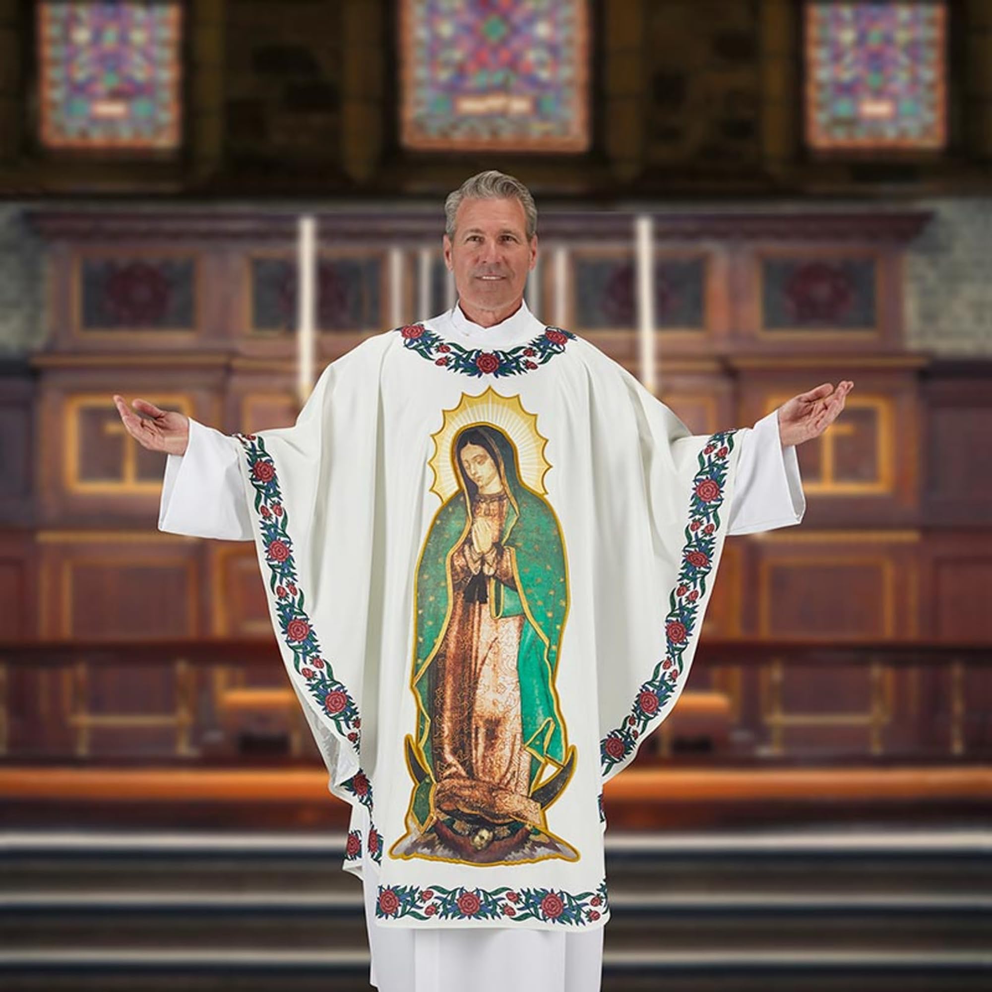 Needzo Our Lady of Guadalupe Chasuble - Gothic Style, Dura Fabric Bonding with Embroidery, 59" W x 51" L