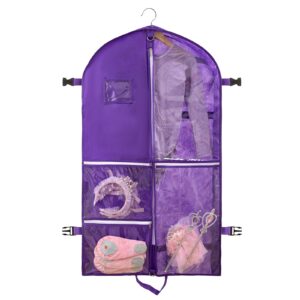 dance costume bag, garment bags 40 inch for dance competitions, garment bags for travel, portable foldable dust-proof storage bags for coats, 5 clear zipper pockets,suitable to gowns, dresses(purple)