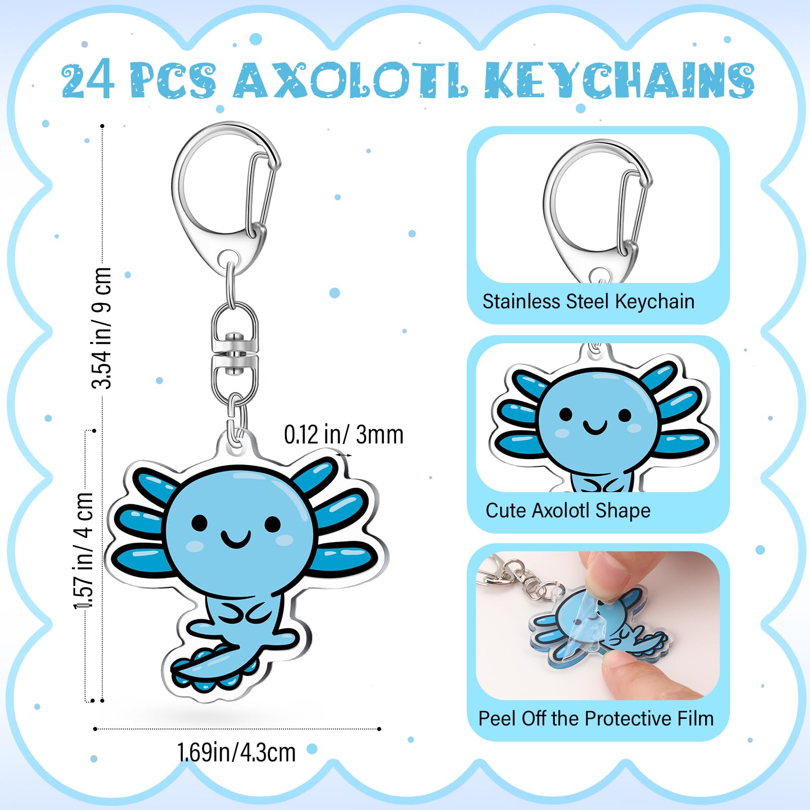 Ferreve 24 Pcs Axolotl Keychains Bulk Axolotl Party Favors Axolotl Charms Pendant Accessories Baby Shower Guest Favors for Birthday Classroom Reward Prizes(Blue)