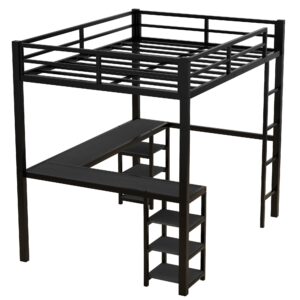 Loft Bed Full Size, Metal Loft Bed Frame with Desk and Storage Shelves, Heavy-Duty Kids Loft Beds with Ladder & L-Shape Desk for Boys Girls Teens, Black