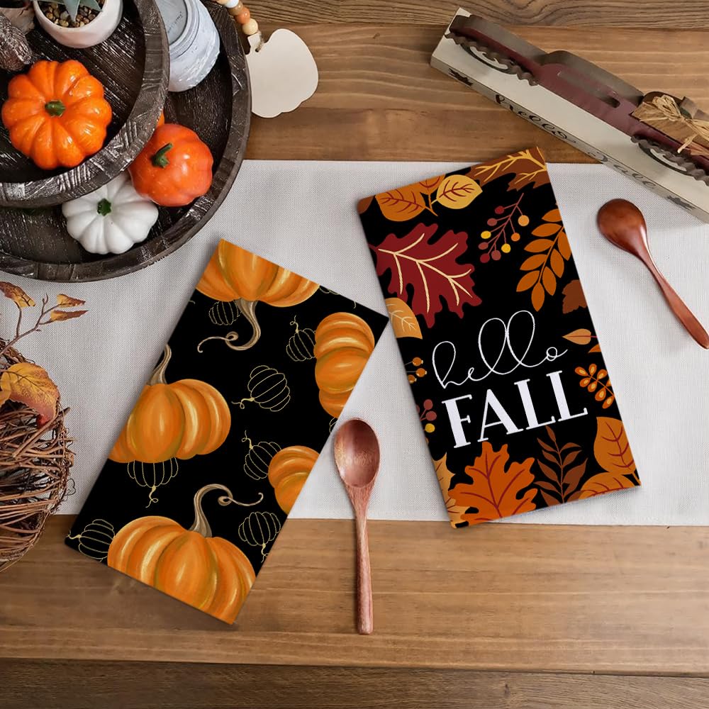 Fall Thanksgiving Pumpkin Kitchen Dish Towels Set of 2, Autumn Maple Leaves Absorbent Dish Cloths for Washing and Drying Dishes, Hand Towels for Bathroom, Tea Towels for Kitchen, 18x26