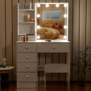 White Vanity with Mirror and Lights, Makeup Vanity Table with Charging Station, 31.5" W Vanity Desk for Bedroom, 3 Modes Brightness Adjustable, 5 Drawers Dressing Table Set