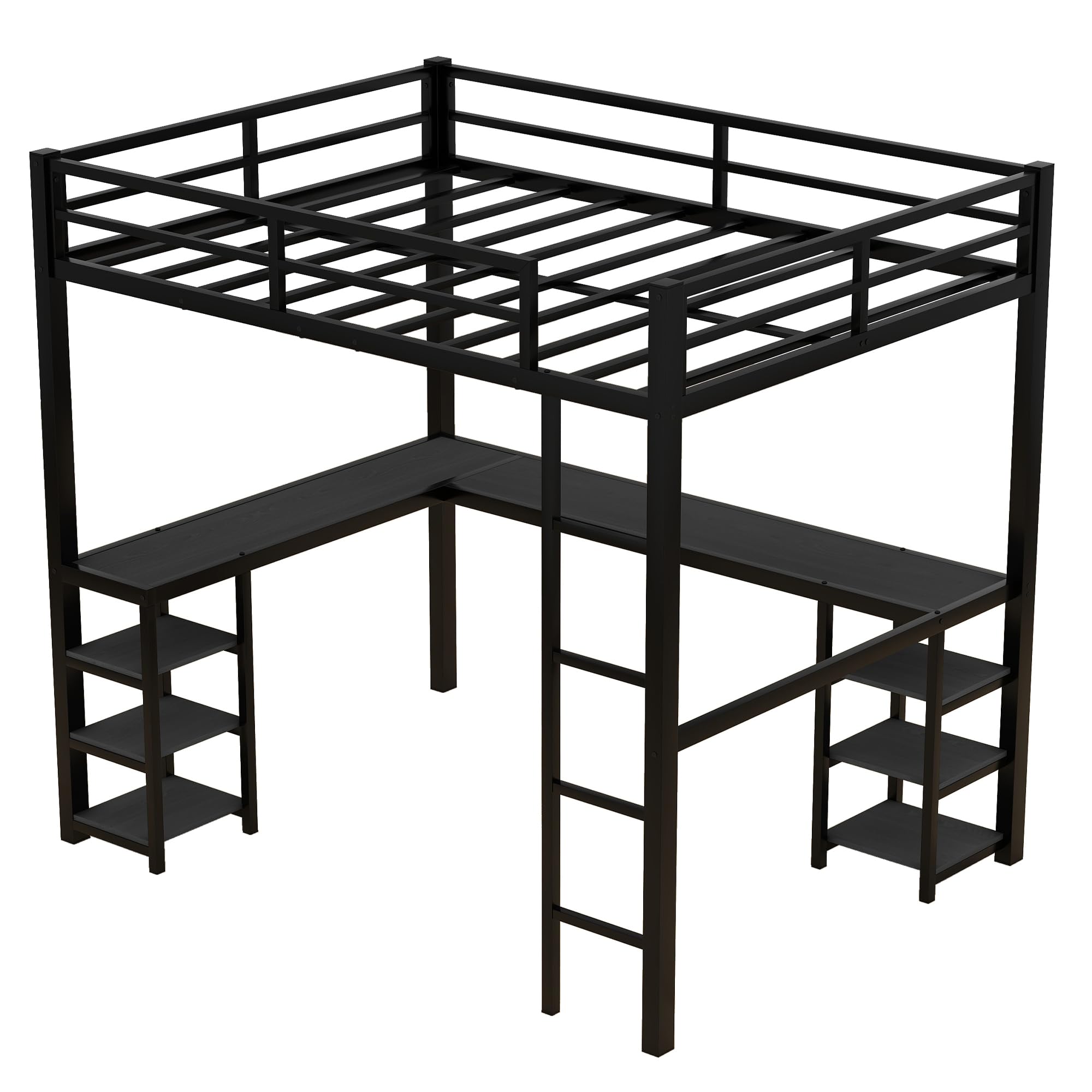 Loft Bed Full Size, Metal Loft Bed Frame with Desk and Storage Shelves, Heavy-Duty Kids Loft Beds with Ladder & L-Shape Desk for Boys Girls Teens, Black