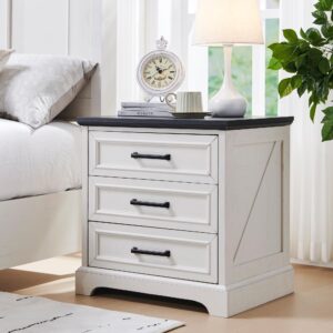 accohoho farmhouse nightstand with charging station, 24 inch wide end table with 3 large drawers & bar handles, rustic wood small dresser chest of drawers for bedroom, living room, closet, off white