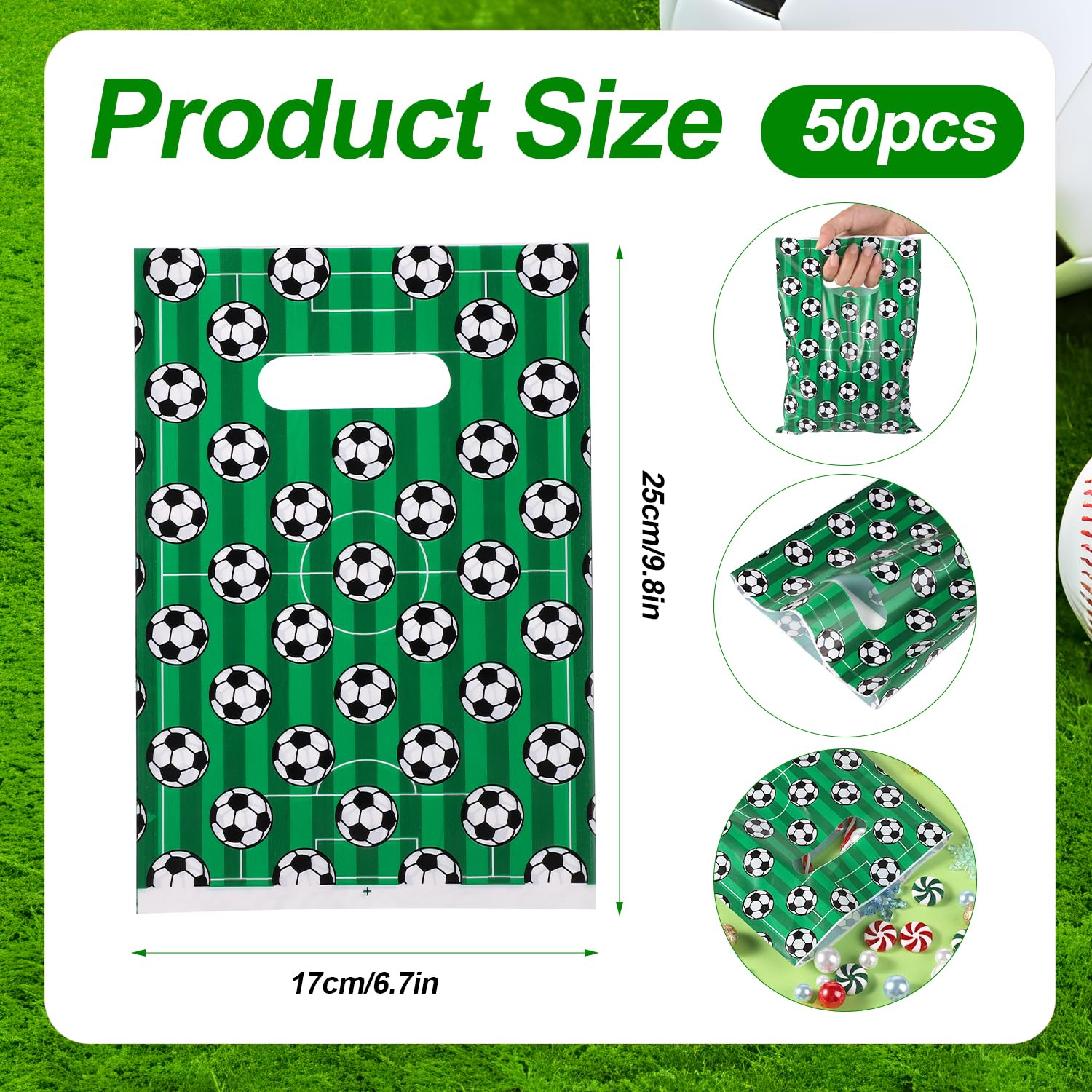 PEUTIER 50pcs Soccer Gift Bags, Plastic Soccer Party Bags Soccer Snack Candy Goody Goodie Treat Present Bags Soccer Party Favor Bags for Team Kids Teens Games Sports Events Supplies (Green)