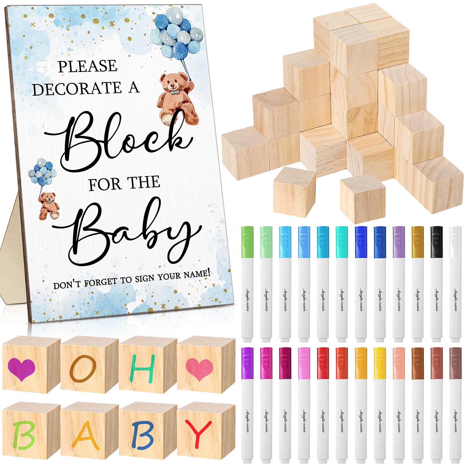 Qilery 75 Pcs Baby Shower Games Sign Kit Including Decorate a Block Game Sign 50 DIY Blank Wooden Block 24 Acrylic Paint Marker Baby Shower Prize for Winners Gender Reveal, Bear (Blue)