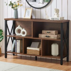 homissue cube storage organizer shelf, rustic horizontal bookshelf with 5 cube storage, industrial short wide bookcase with 3 tier shelves, low and long cube bookshelf for living room, office, brown