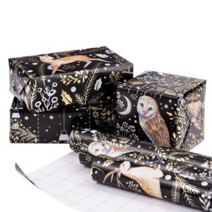 ruspepa christmas wrapping paper roll with metallic foil shine - mini roll - 17 inches x 10 feet per roll, total of 3 rolls - owl, reindeer and christmas ball