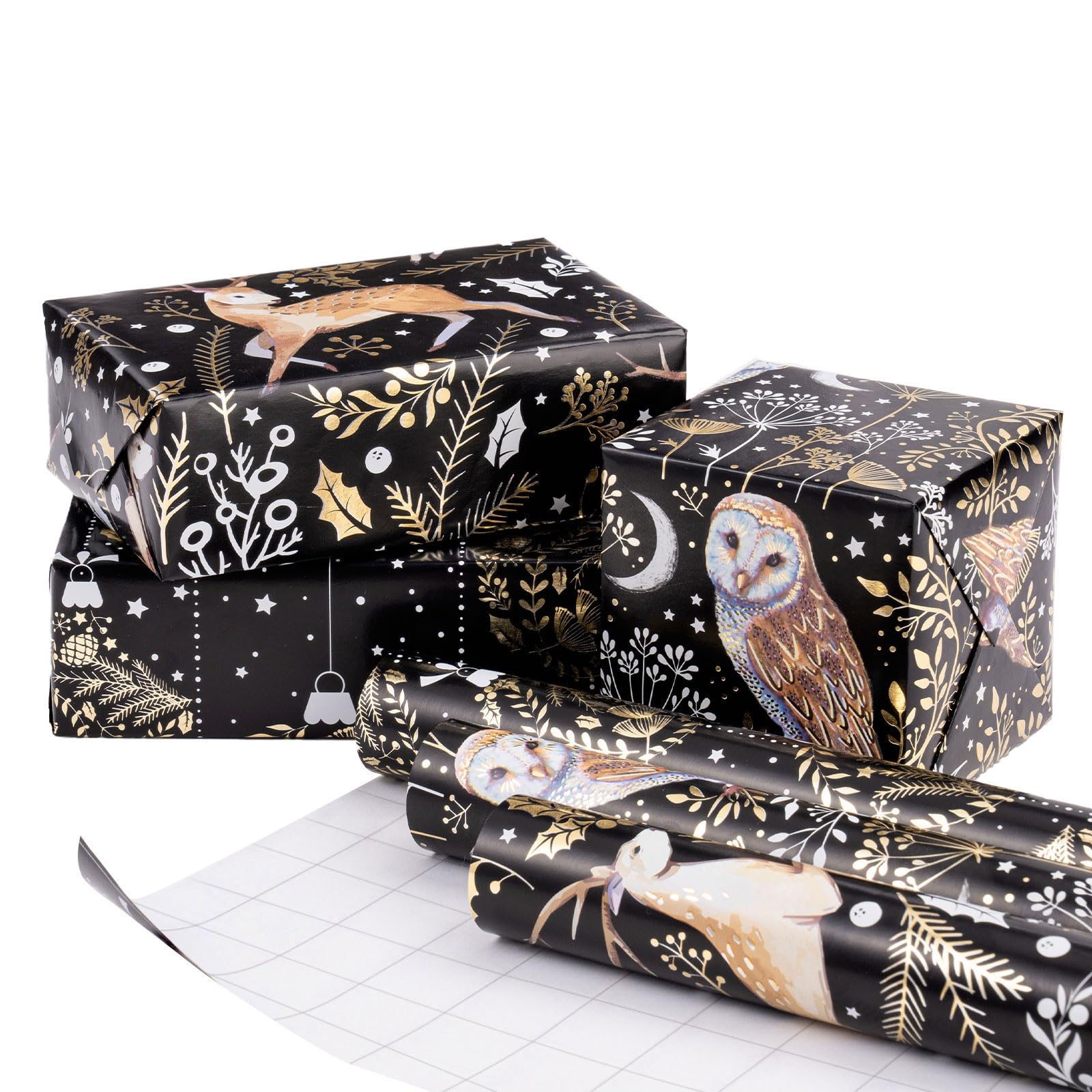 RUSPEPA Christmas Wrapping Paper Roll with Metallic Foil Shine - Mini Roll - 17 inches x 10 feet per Roll, Total of 3 Rolls - Owl, Reindeer and Christmas Ball