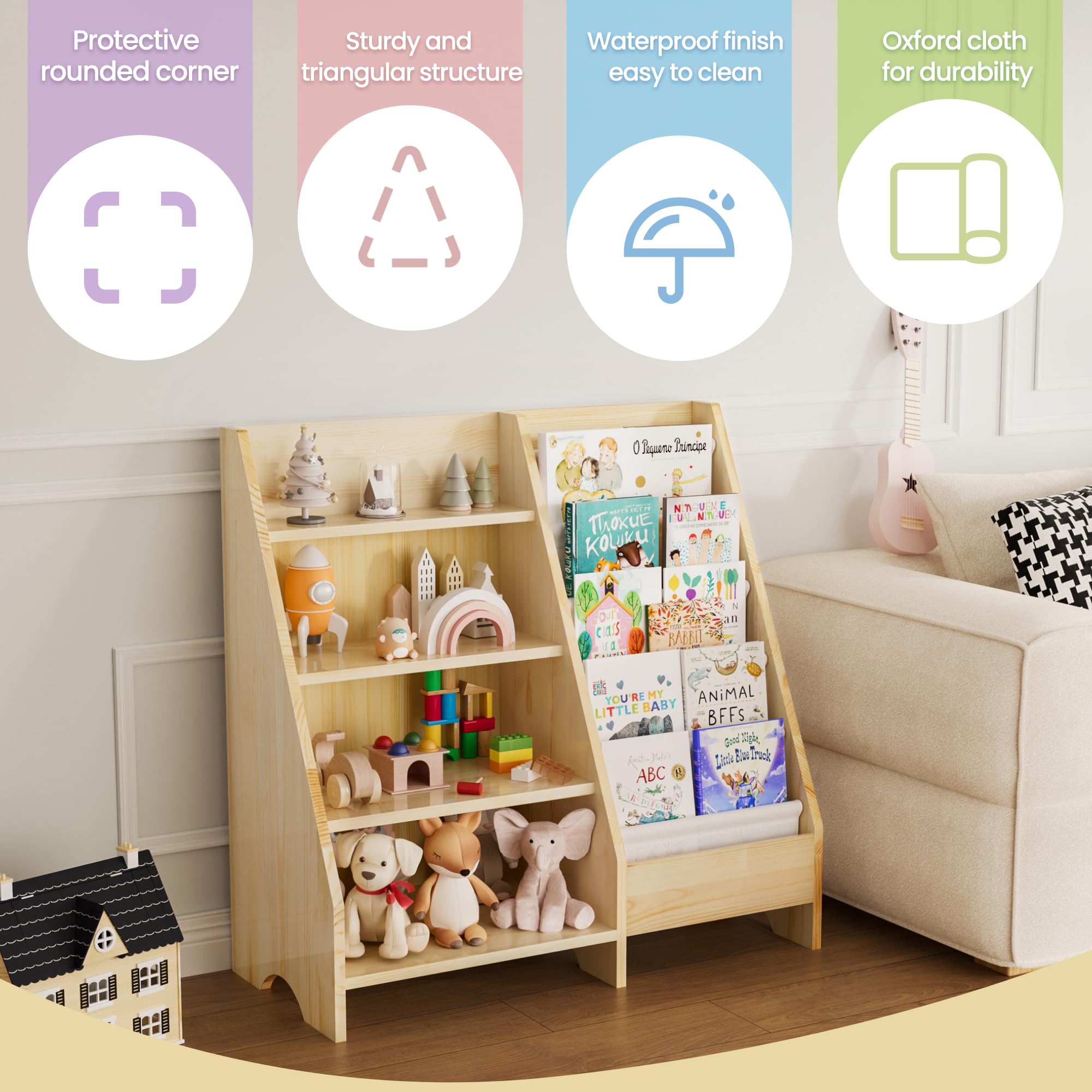 Kids Bookshelf, Solid Wood Bookshelf Bookcase Storage Organizer for Children, 4 Tier Bookshelf 5 Layer Sling Bookcase Toddler Book Rack Storage Organizer for Kids Room Nursery Play Room Kindergarten