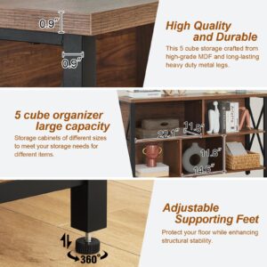 HOMISSUE Cube Storage Organizer Shelf, Rustic Horizontal Bookshelf with 5 Cube Storage, Industrial Short Wide Bookcase with 3 Tier Shelves, Low and Long Cube Bookshelf for Living Room, Office, Brown