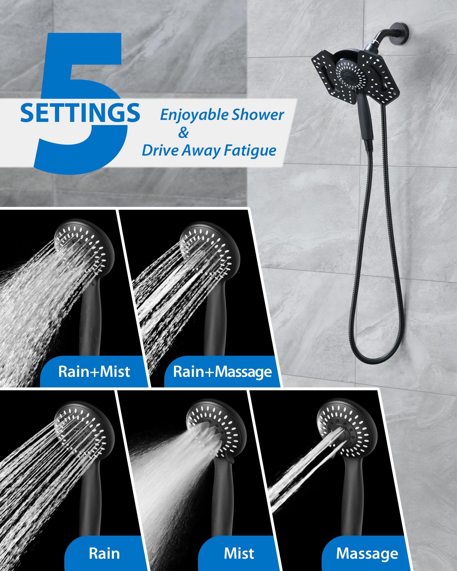 Black Shower Head with Handheld: 2-in-1 Shower Head High Pressure with Rainfall Shower Head Handheld Shower head Detachable Shower Head with Hose, 2.5GPM Double Shower Head Dual Shower Head Cambo