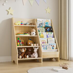 kids bookshelf, solid wood bookshelf bookcase storage organizer for children, 4 tier bookshelf 5 layer sling bookcase toddler book rack storage organizer for kids room nursery play room kindergarten