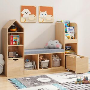 halitaa kids bookcase and bookshelf with reading nook, toy storage organizer for kids, oak bookcase with 7 storage cubbies 2 movable drawers and seat cushion for kids room, playroom, bedroom