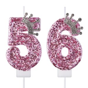 vshili 56 65 birthday candles, 56th 65th cake candles, pink birthday number 56 65 candles cake topper decorations for party men women