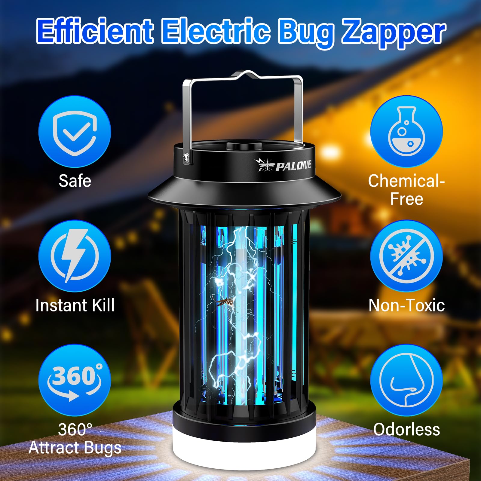 PALONE Bug Zapper for Outdoor Indoor, Mosquito Zapper Rechargeable Fly Killer, Portable Electric Fly Traps, Mosquito Killer, Insect Pest Control with LED Light for Backyard, Patio, Camping, Fishing