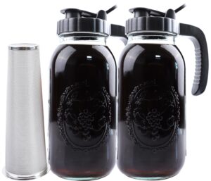 cold brew coffee maker half gallon 2 set glass mason jar pitcher with spout lid filter 2 quart wide mouth iced tea brewing jug heavy duty handle airtight & leak-proof pitcher for fridge sun tea 64 oz