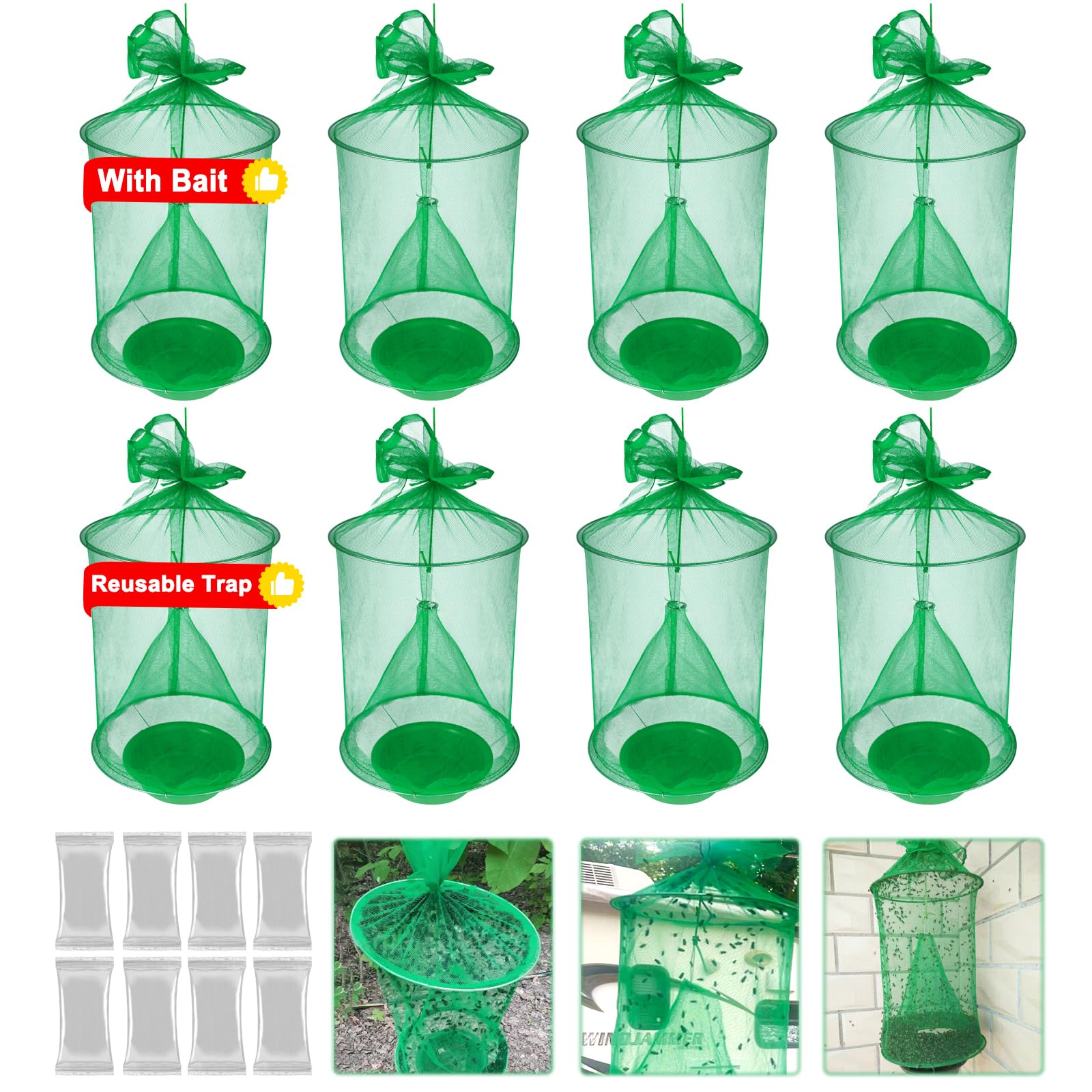 Dwcom 8 Packs Fly Traps Outdoor Hanging, Stable Fly Trap with Fly Bait, Reusable Fly Killer, Ranch Fly Trap, Fly Control Fly Hunter for Family Farm Park Orchard Garden