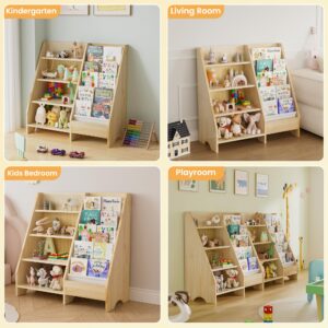 Kids Bookshelf, Solid Wood Bookshelf Bookcase Storage Organizer for Children, 4 Tier Bookshelf 5 Layer Sling Bookcase Toddler Book Rack Storage Organizer for Kids Room Nursery Play Room Kindergarten