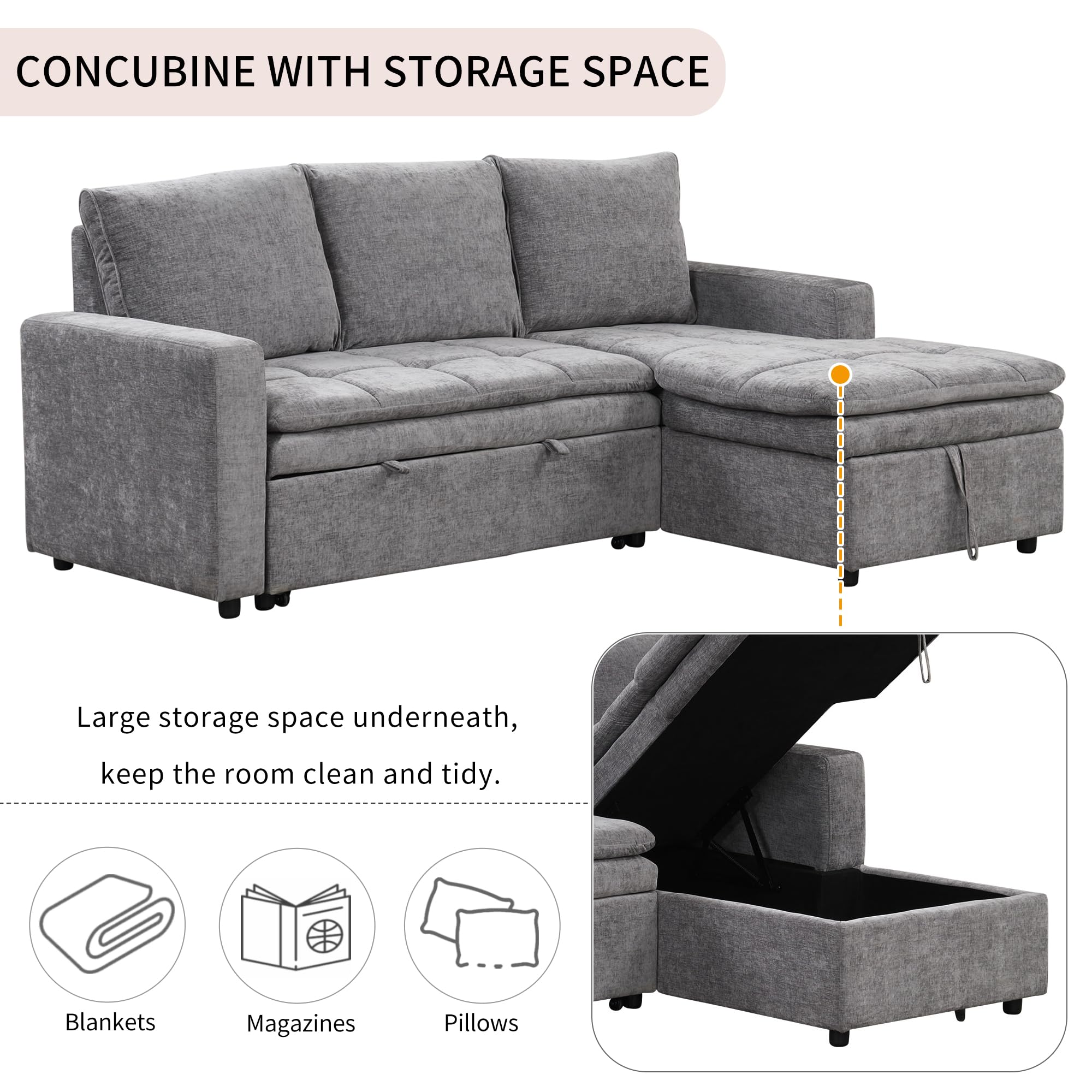 LUMISOL 82" Convertible Sleeper Sofa with Pull Out Bed, Modern L-Shaped Sectional Sofa with Storage Chaise, Chenille Modular Sofa Pull Out Couch Bed for Living Room, Small Apartment (Grey)